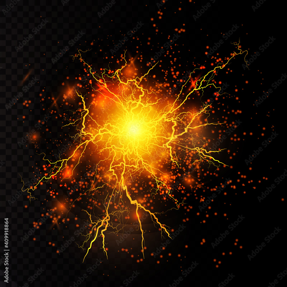 Realistic lightning bolts on a black transparent background. the charge ...