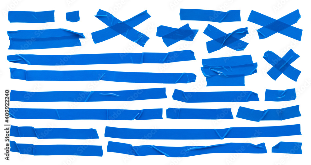 Blue insulating tape, various pieces different shapes of torn tape on ...