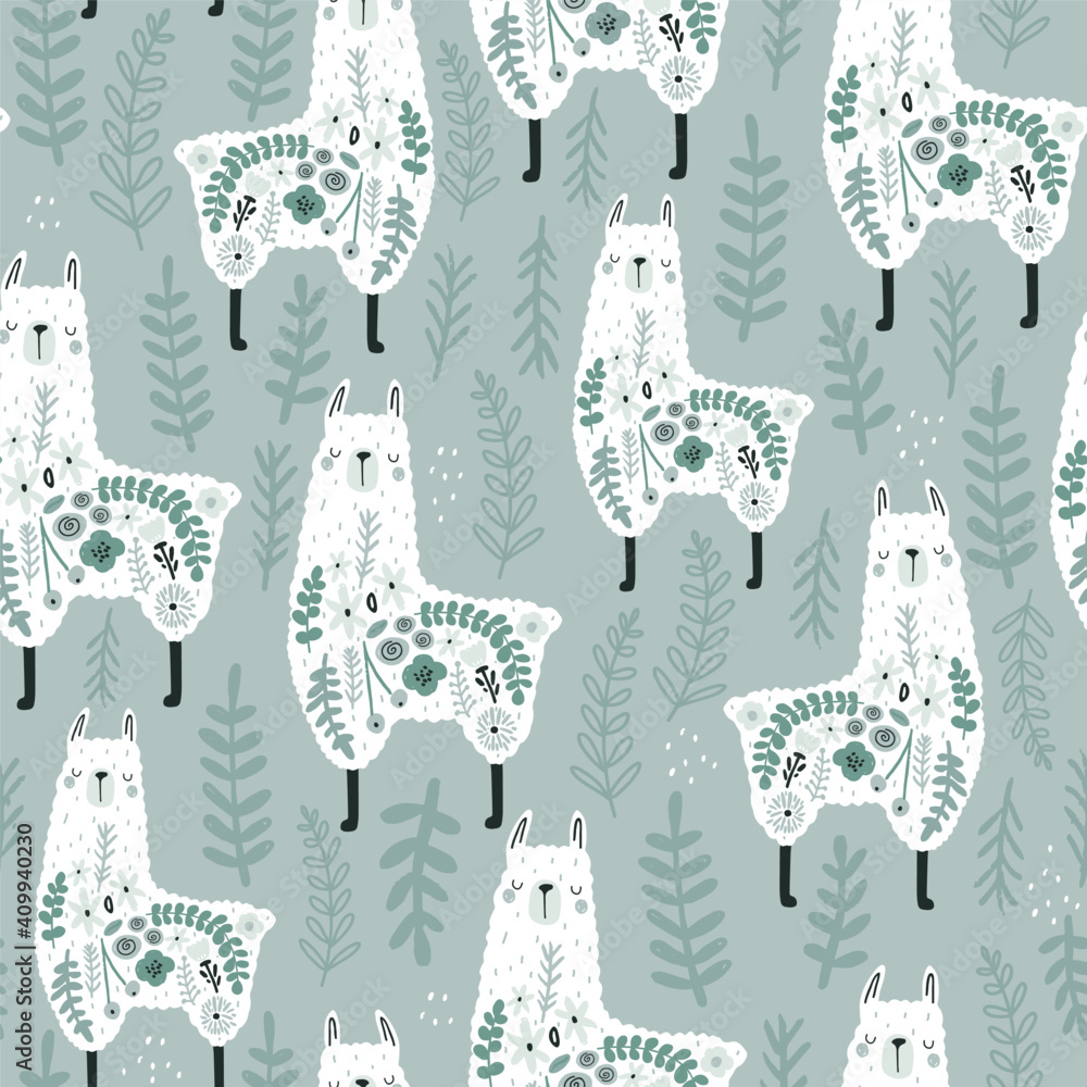Seamless pattern with cute floral llamas. Creative blooming mint ...