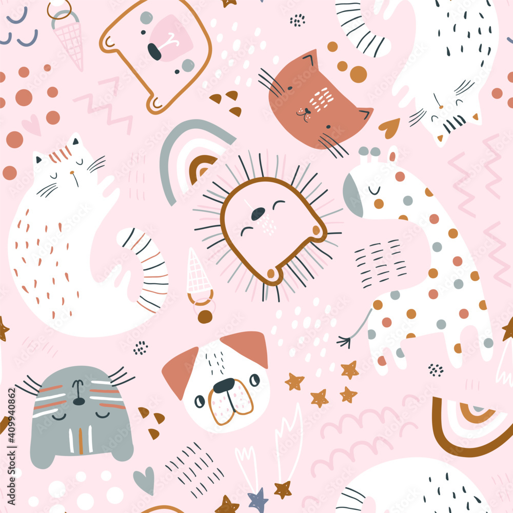 Seamless childish pattern with cute animals. Creative kids hand drawn ...