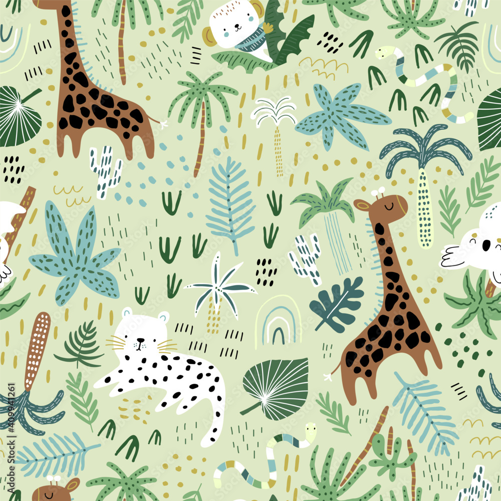 Seamless jungle pattern with cute hand drawn animals and tropical ...