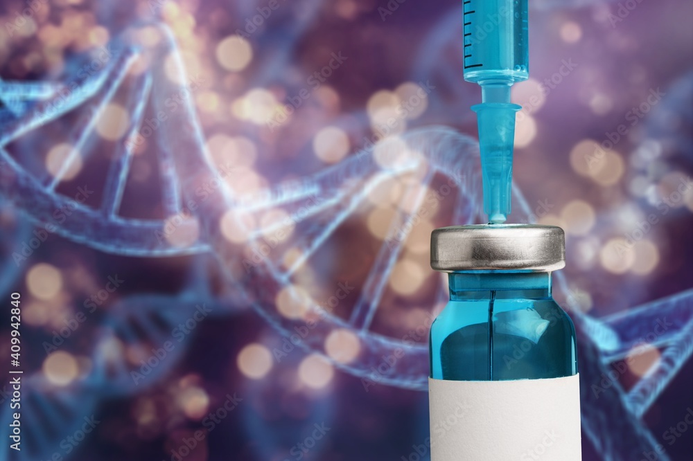 Human system cells molecular structure illustration and syringe with ...