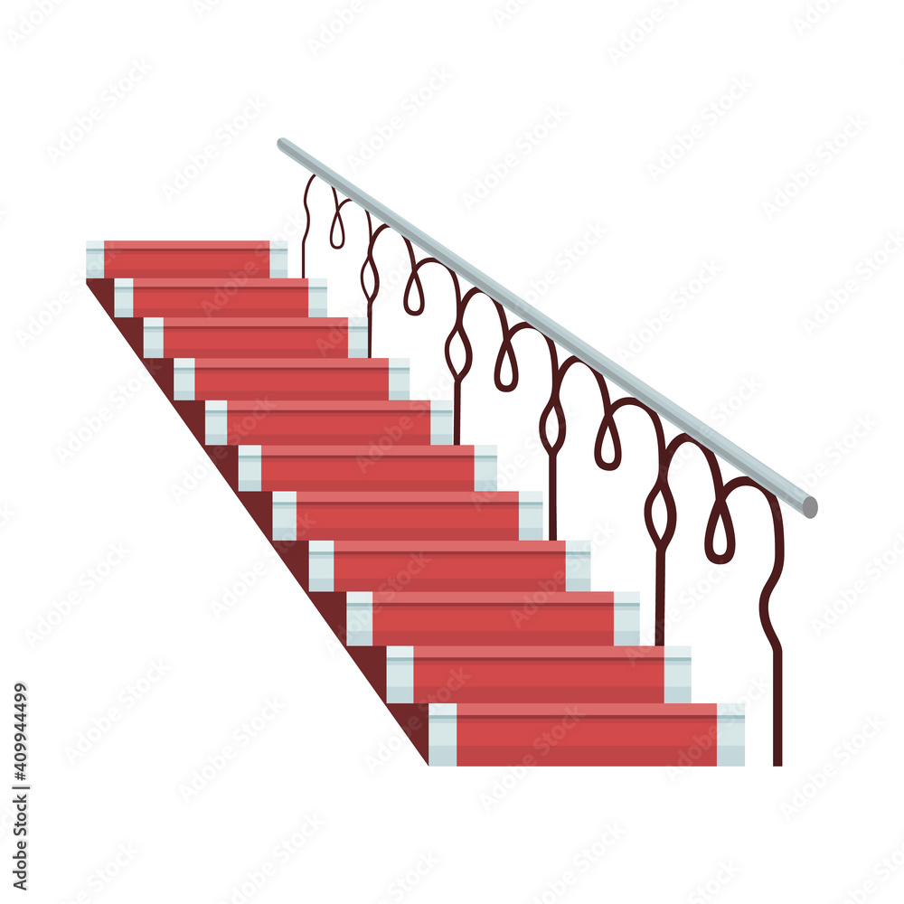 Staircase luxurious wooden covered red carpet with metal handrails ...