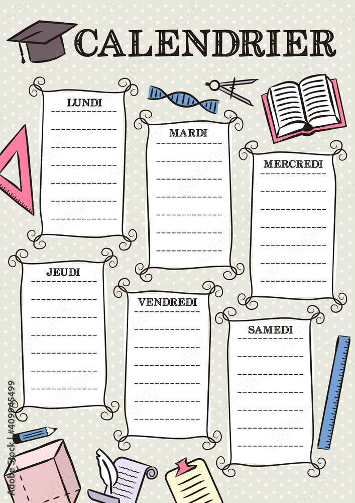 French vintage template of a school schedule for 6 days of the week for ...