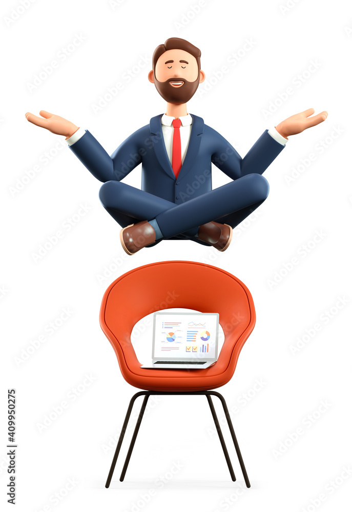 3D illustration of meditating man flying over chair and laptop. Cartoon ...