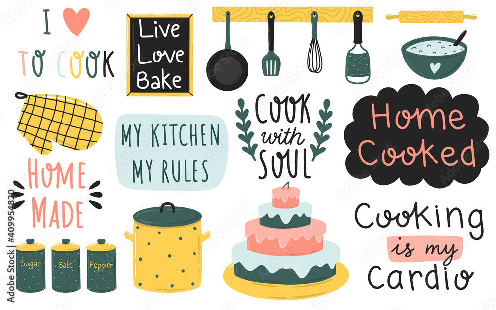 Collection of cooking related phrases and doodle drawings isolated on ...