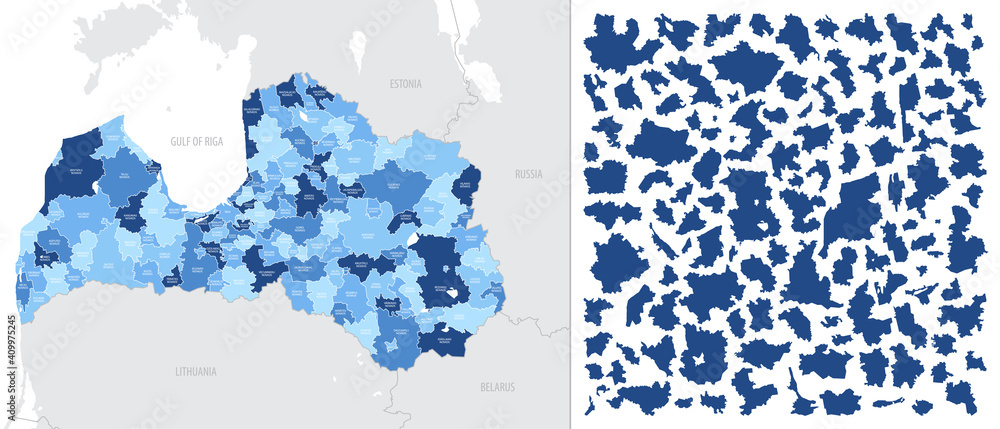 Detailed, vector, blue map of Latvia with administrative divisions into ...