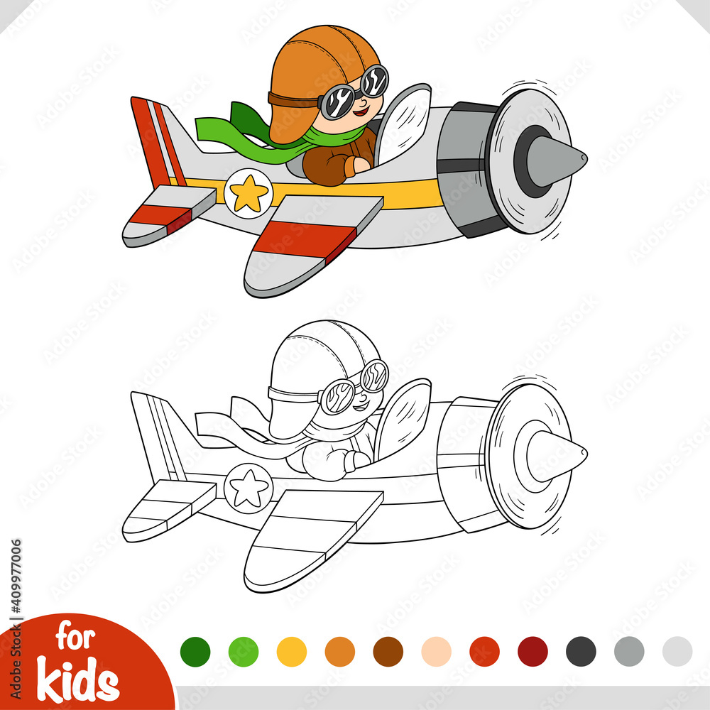 Coloring book, Pilot and plane Stock Vector | Adobe Stock