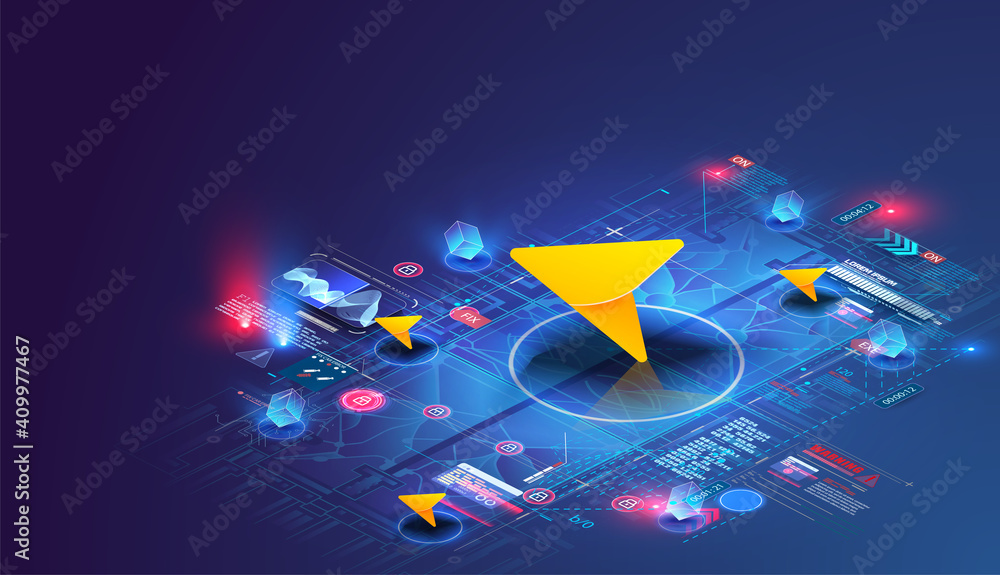 Smart city technology, tracking and building routes on the map, city ...