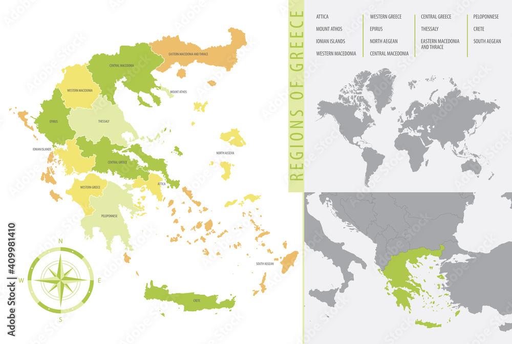 Colored map of Greece with administrative division, detailed vector ...