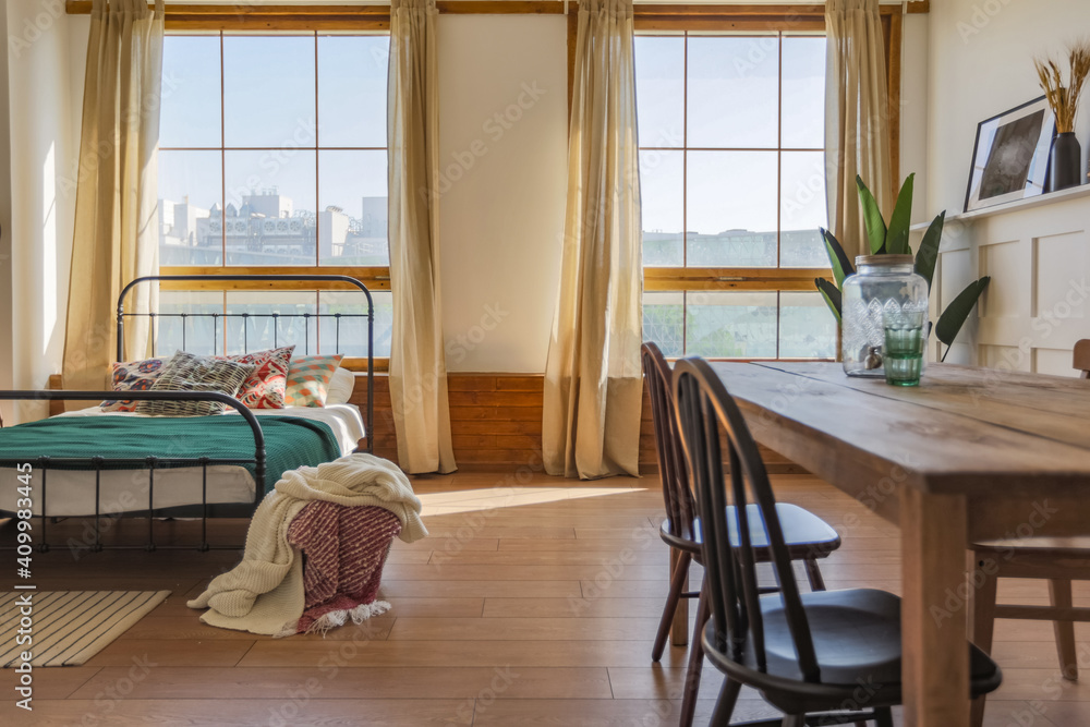 Vintage studio apartment interior in light colors in old style. huge ...