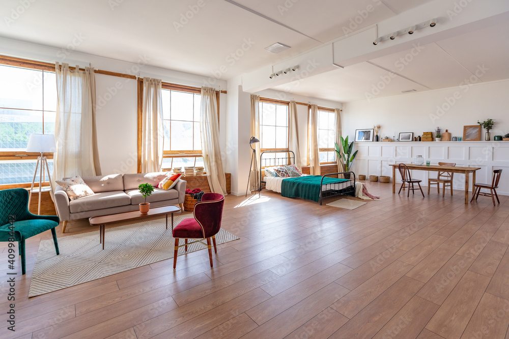 Vintage studio apartment interior in light colors in old style. huge ...