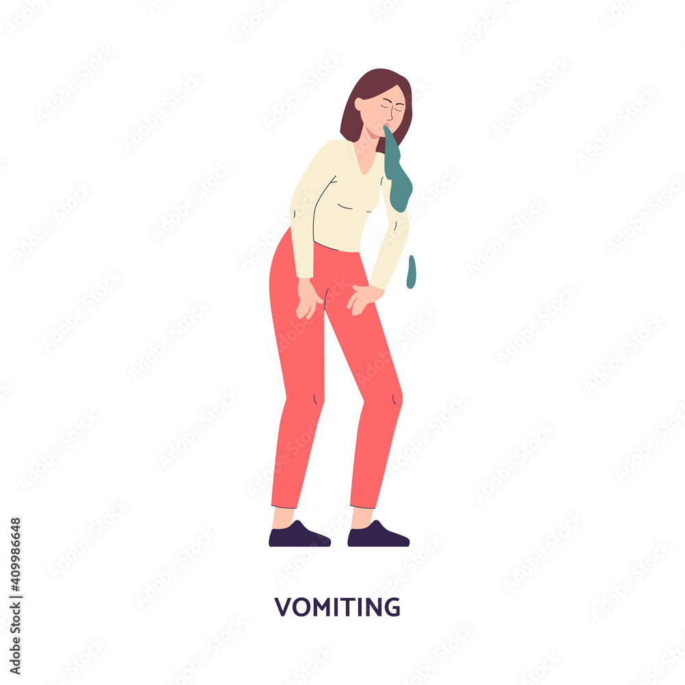 Young woman suffers from vomiting due to food poisoning a flat vector ...
