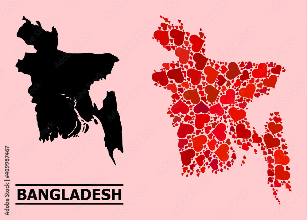 Love mosaic and solid map of Bangladesh on a pink background. Mosaic ...