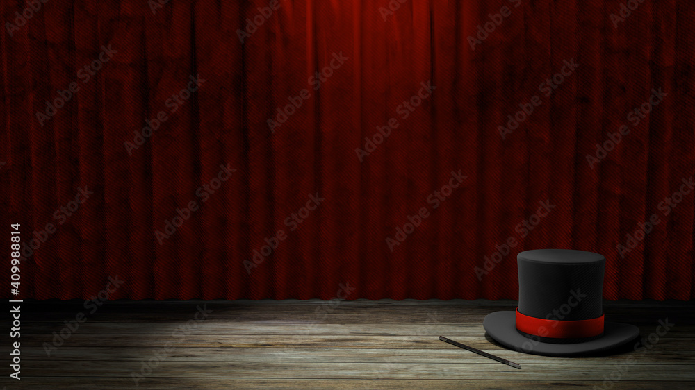 Magician hat. black top hat with a red ribbon and a magic wand. Red ...