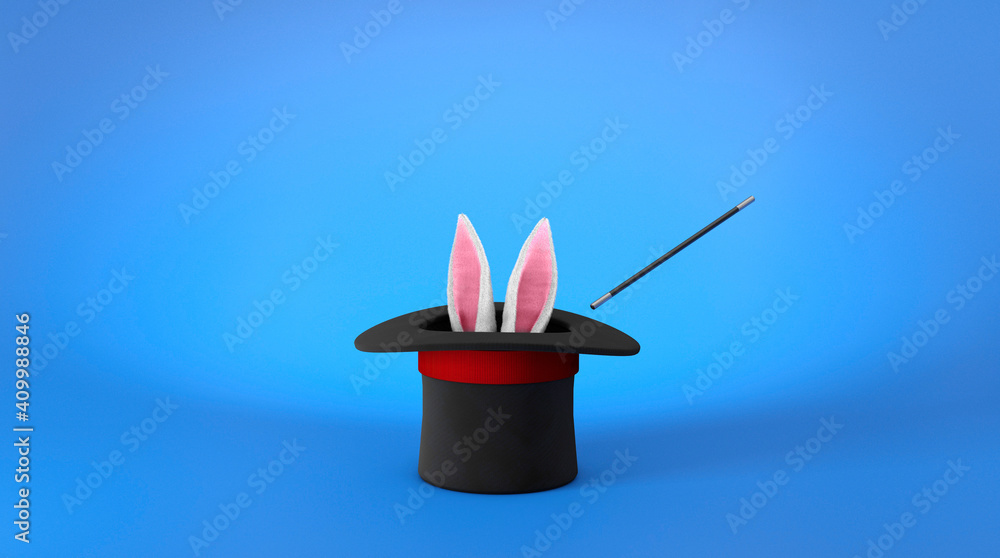 Magician hat. Rabbit ears stick out with a black top hat with a red ...