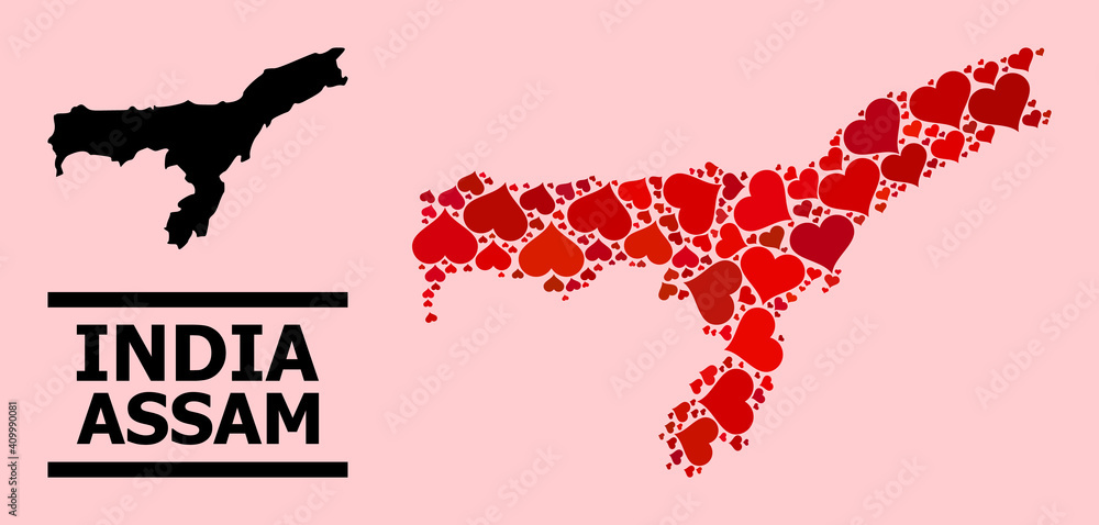 Love collage and solid map of Assam State on a pink background. Collage ...