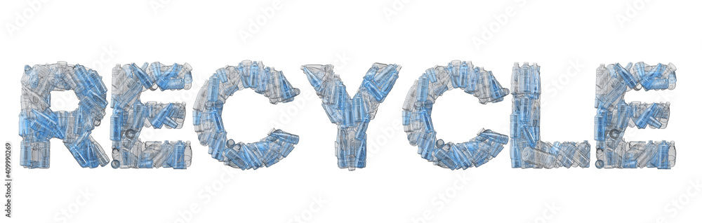 Recycle word spelt out in empty plastic bottle font. 3D Rendering ...