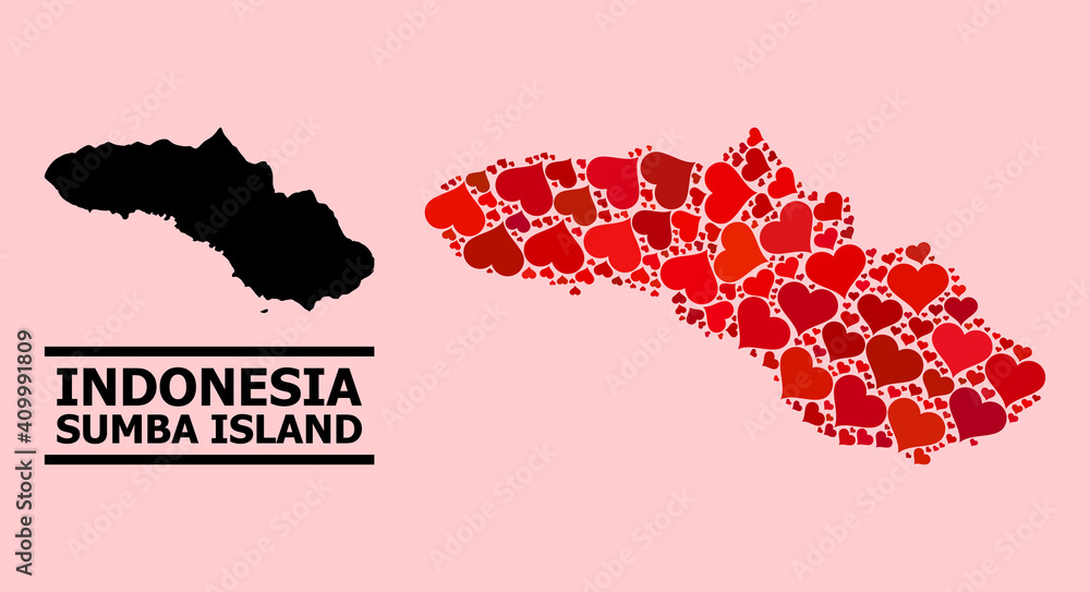Love pattern and solid map of Sumba Island on a pink background. Mosaic ...