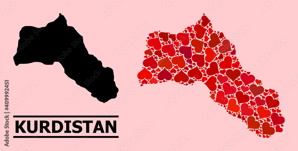 Love pattern and solid map of Kurdistan on a pink background. Collage ...