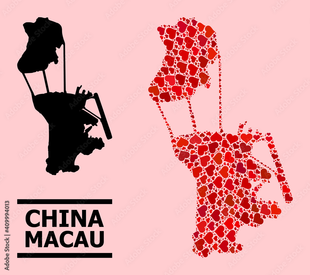 Love mosaic and solid map of Macau on a pink background. Mosaic map of ...