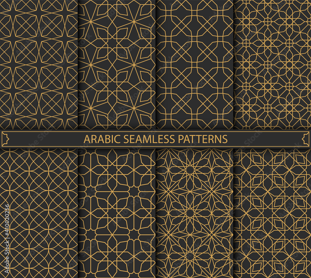 Collection of oriental arabic patterns. Black and gold background with ...