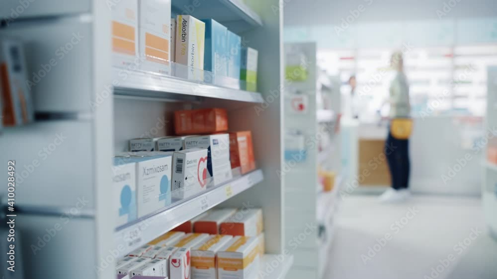 Modern Pharmacy Drugstore with Shelves full of Packages Full of Modern ...