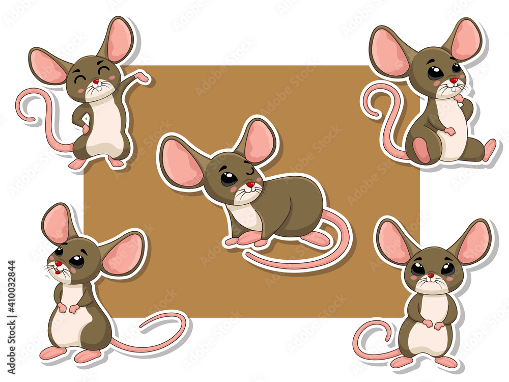 Cute Rats Cartoon Sticker Set. Vector Illustration With Cartoon Happy ...