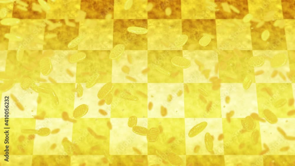 Flying many Koban coins on golden background. Japanese oval golden coin ...