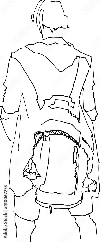Linear drawing of a man with a backpack hand-drawn back view. Tourist ...