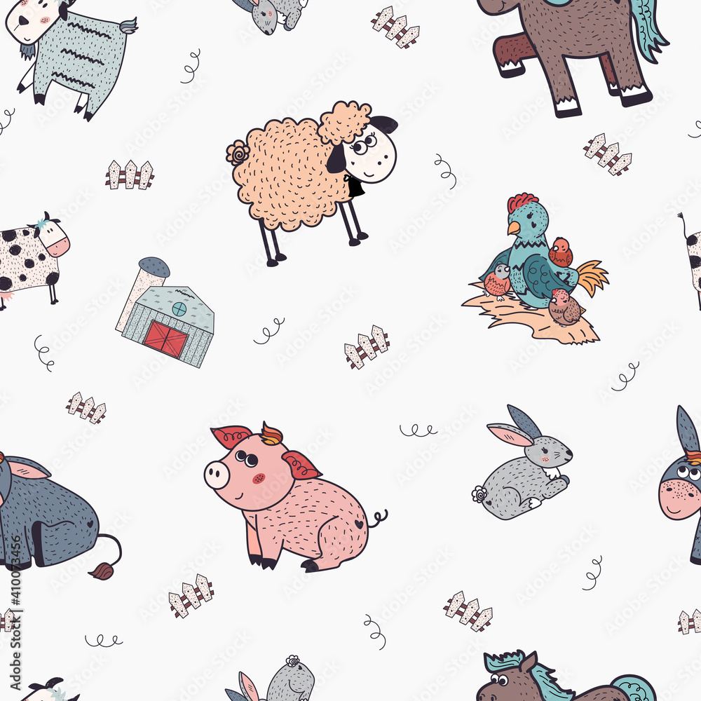 Seamless pattern with domestic farm barnyard animals and birds vector ...