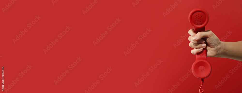 Hotline service. Woman with telephone receiver and space for text on ...