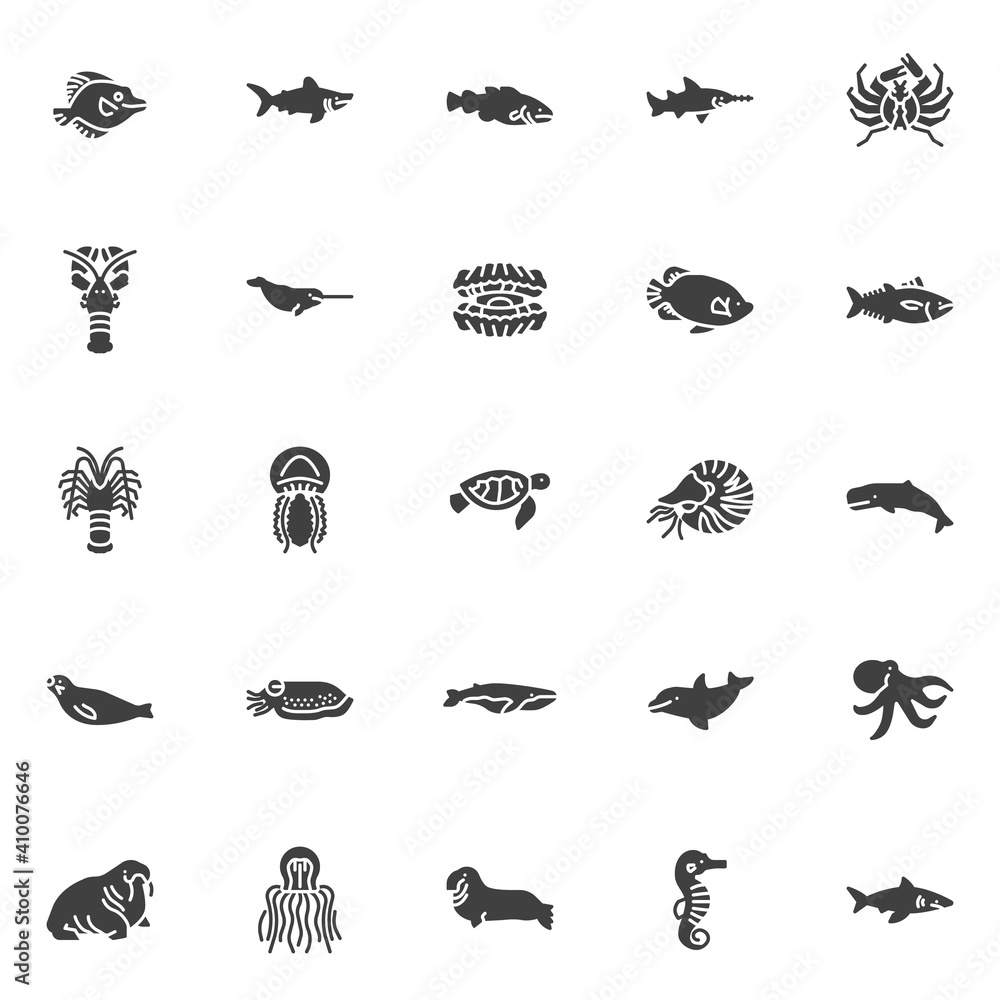 Marine life vector icons set, modern solid symbol collection, filled ...