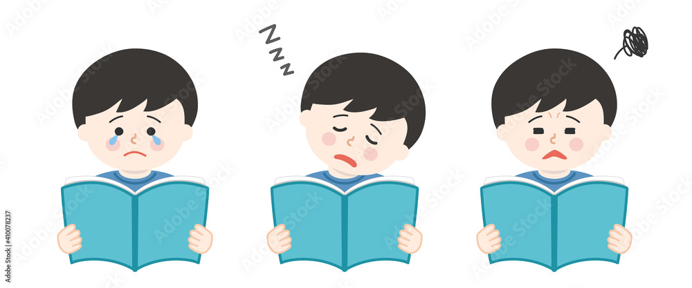 Various facial expressions of boy holding open books and reading ...