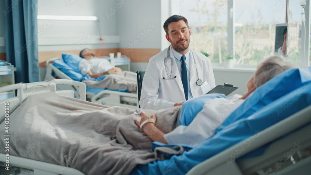 Hospital Ward: Friendly Doctor Talks to Beautiful Senior Female Patient ...