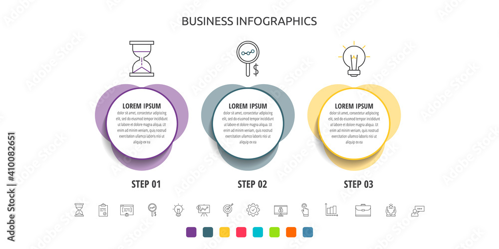 Circles vector line infographic with 3 step, icons. Timeline used for ...