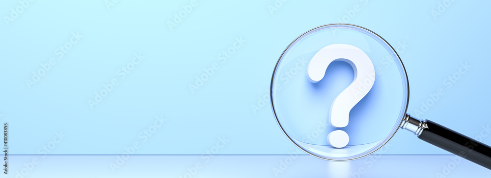 White question mark with magnifying glass on blue background and empty ...