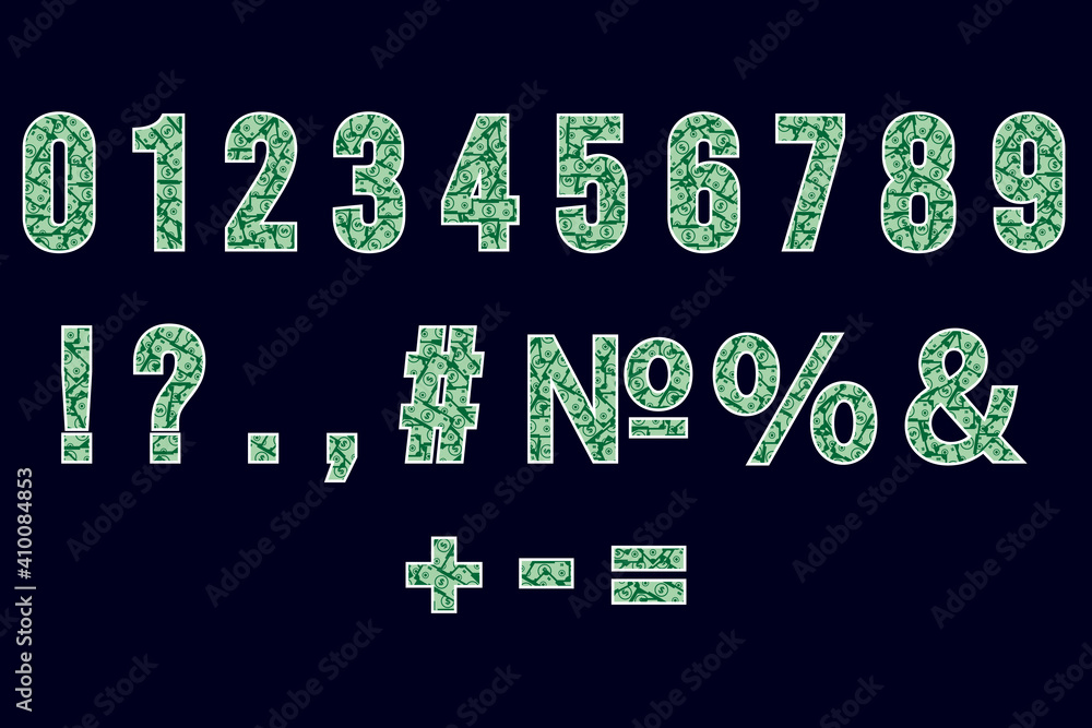 Numbers and symbols in the form of green dollar bills. Blank, template ...