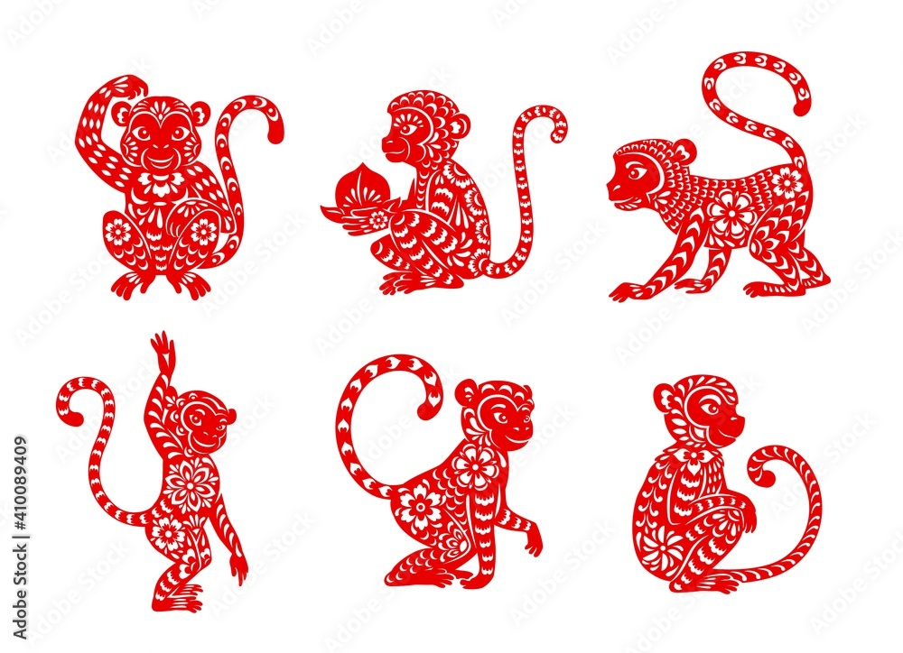 Chinese zodiac monkey animal vector icons set. Ape Lunar new year of ...