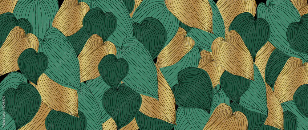 Gold pattern background vector. tropical leaves line arts design ...