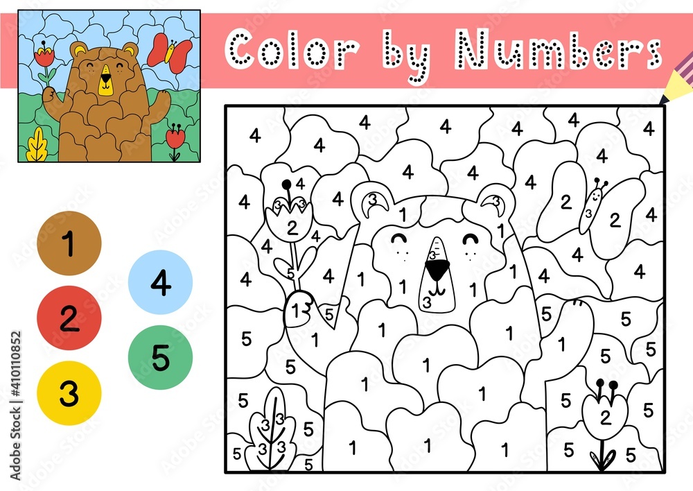 Color by numbers game for kids. Coloring page with a cute bear and ...