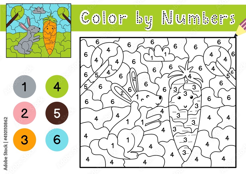 Color by numbers game for kids. Coloring page with a cute rabbit and ...
