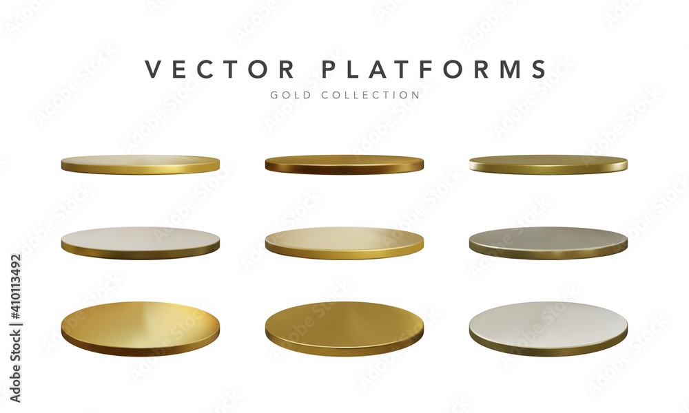 Set of realistic gold stage podium. Round winner pedestal. 3d empty ...