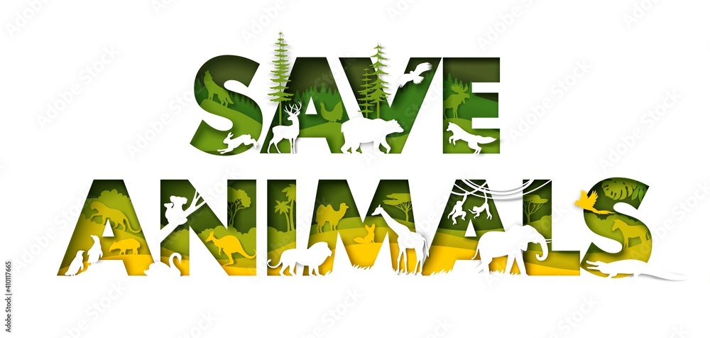 Save animals typography banner template. Vector illustration in paper ...