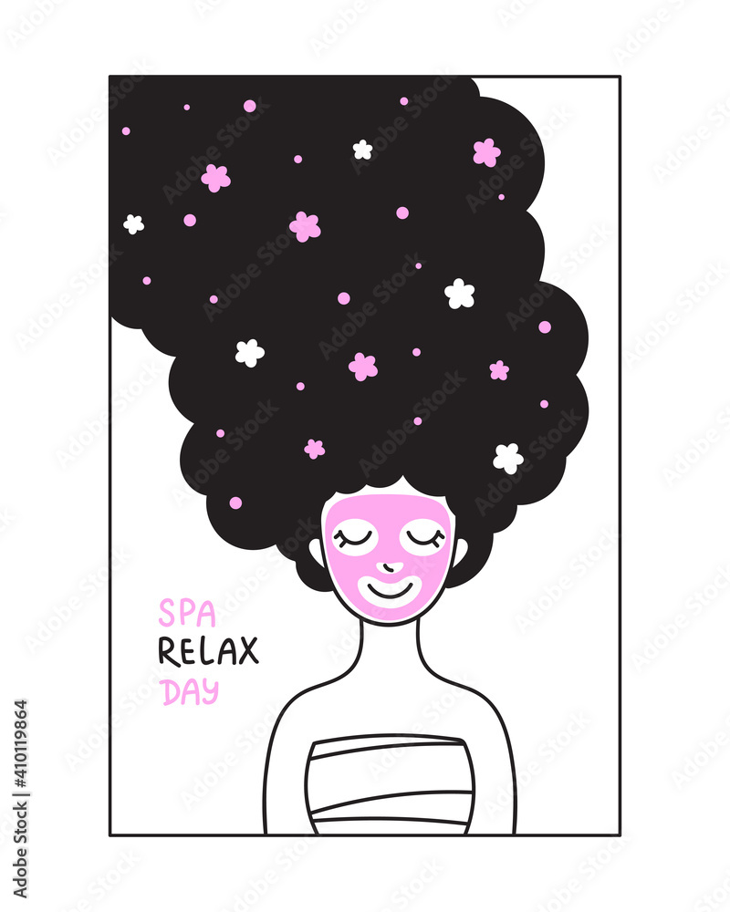 Spa day, relax concept. Cartoon female character with long black hair ...