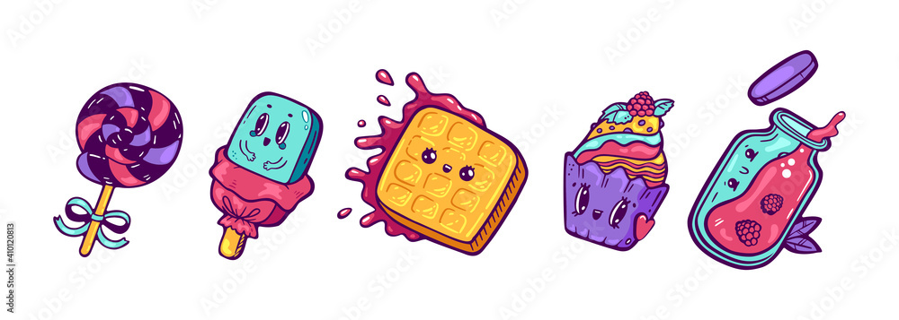 Set of kawaii cartoon style doodle sweety characters. Collection of ...