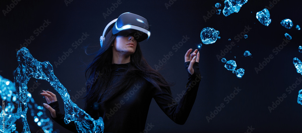 Beautiful woman with flowing hair over dark magic background. Girl in ...