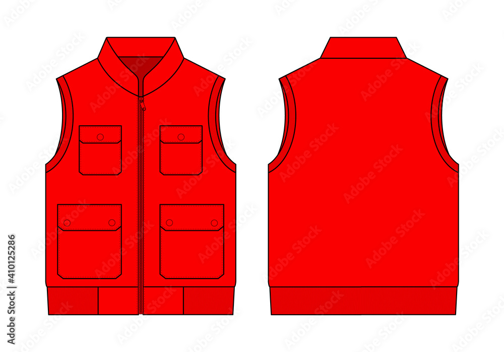 Red Vest With Multiple Pockets Template On White Background.Front and ...