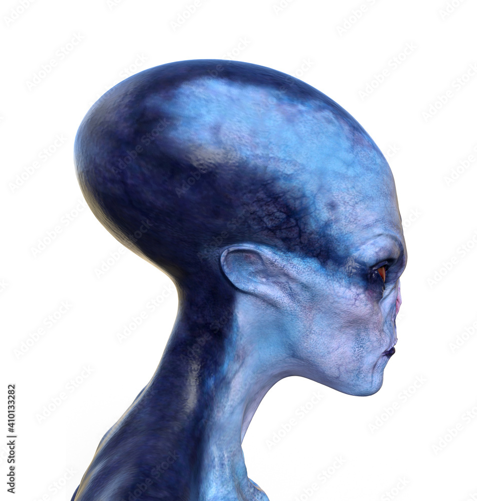 Illustration profile of the head and neck of a blue alien on a white ...