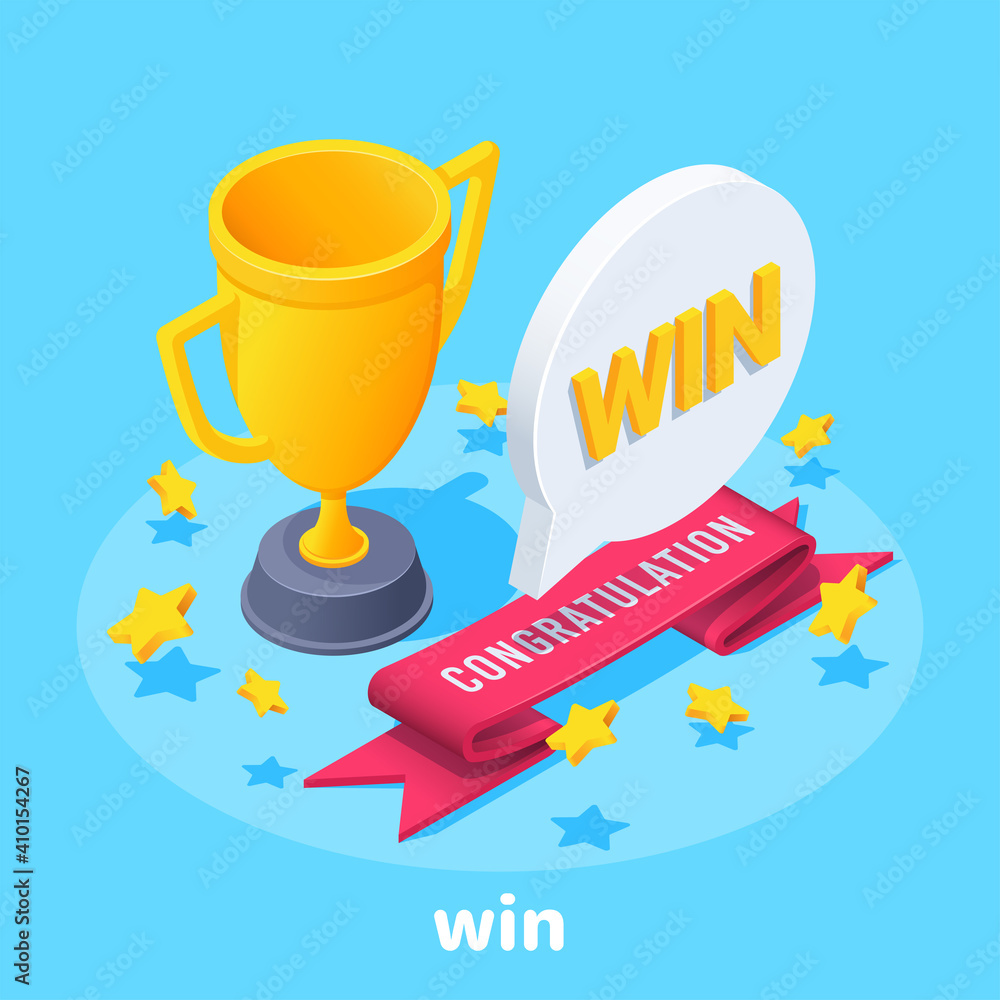 isometric vector illustration on blue background, gold cup next to red ...